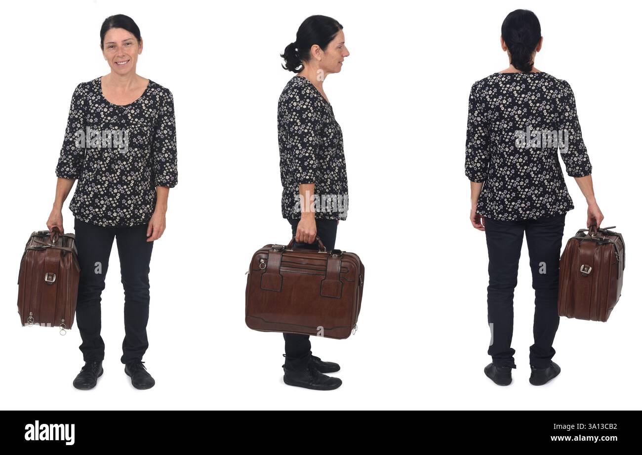 various poses of same woman holding suitcase on white background Stock ...