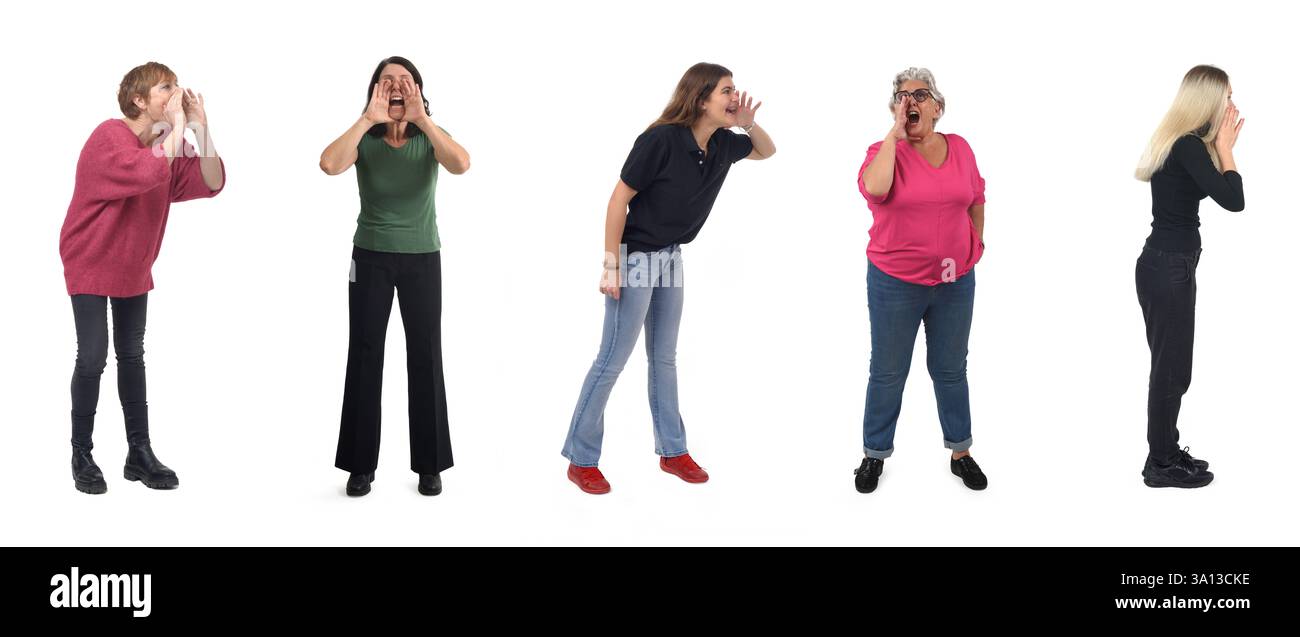 group of women screaming on white background Stock Photo - Alamy
