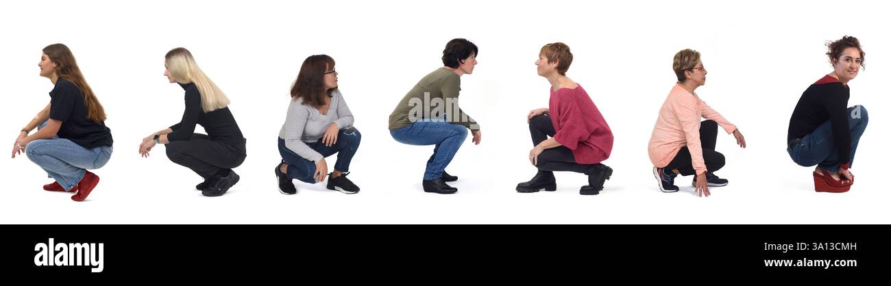 side view of a long line of women squatting on white background Stock ...
