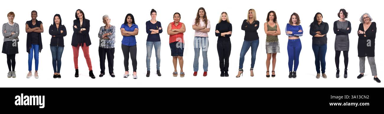 front view of large group of women arms crossed on white background ...
