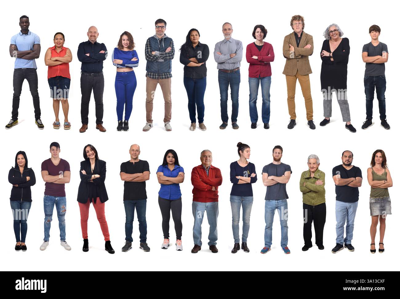 group of mixed people arms crossed on white background Stock Photo - Alamy