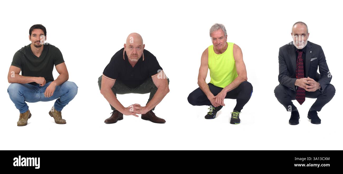 group of men crouching on white background Stock Photo - Alamy