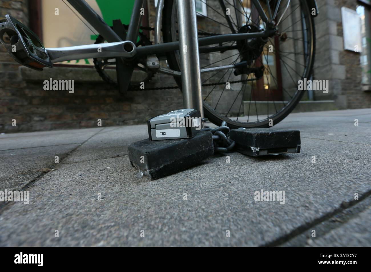 Dublin, Ireland - 05th March 2025 - Lockboxes locked to bicycle rails ...