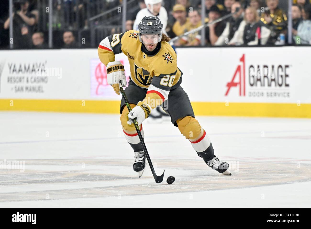 Vegas Golden Knights left wing Brandon Saad (20) skates with the puck ...