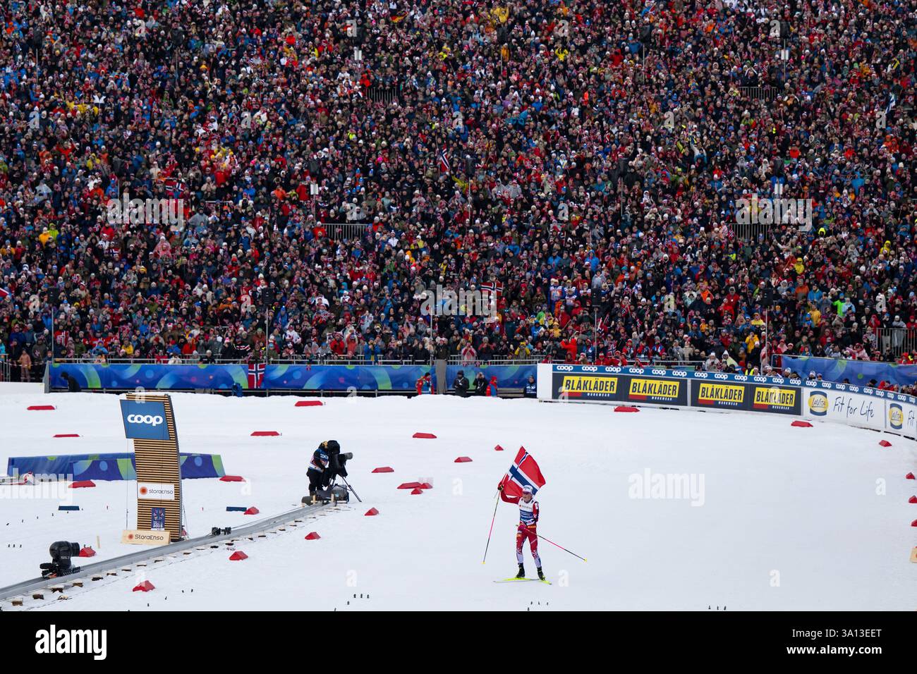 Trondheim, Norwegen. 06th Mar, 2025. KLAEBO Johannes Hoesflot (Norwegen) jubelt im Ziel mit ...