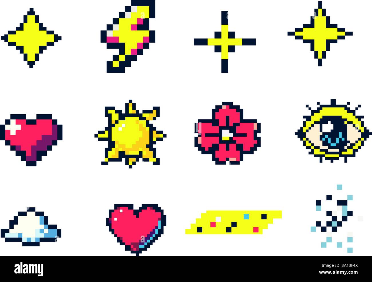 Pixel Art Collection Of Hearts, Lightning Bolt, Sun, Eye, And Stars In ...