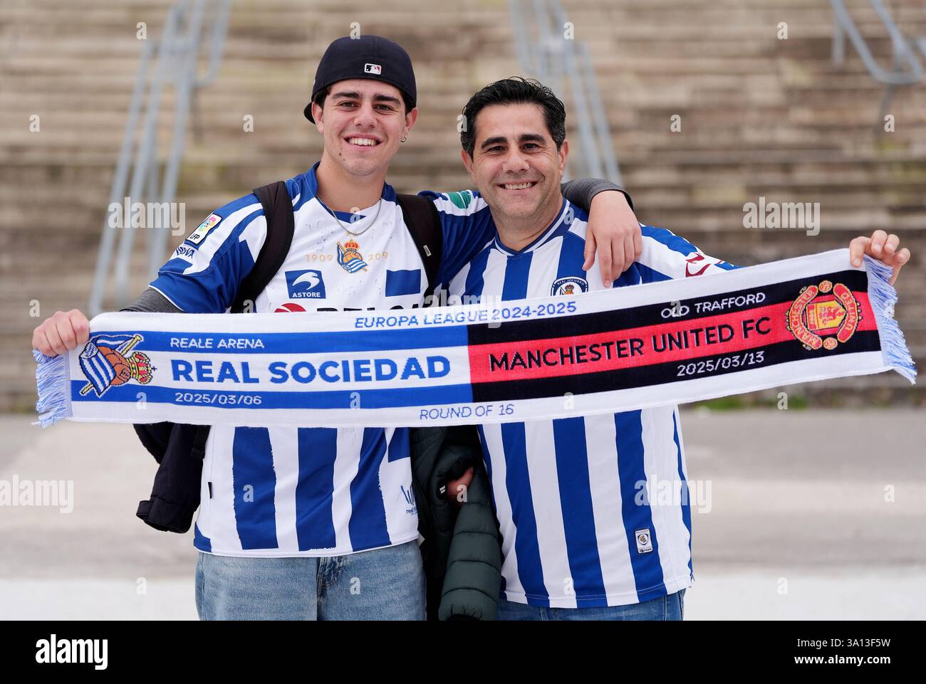 Real Sociedad fans pose for a photo outside the Reale Arena in San ...