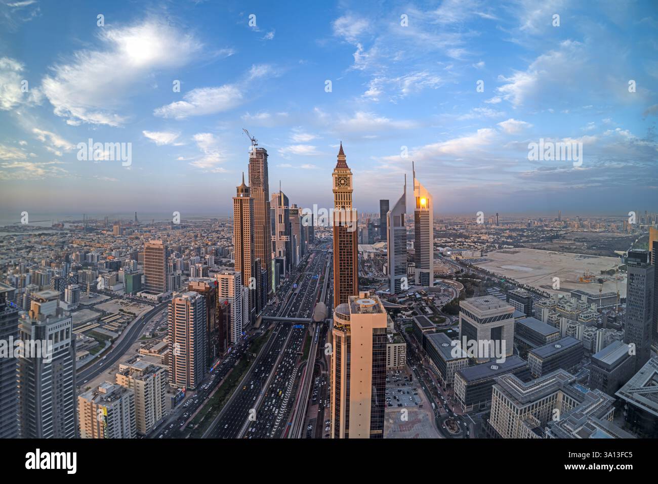 Aerial view of Sheikh Zayed Road in Dubai with skyscrapers and urban ...