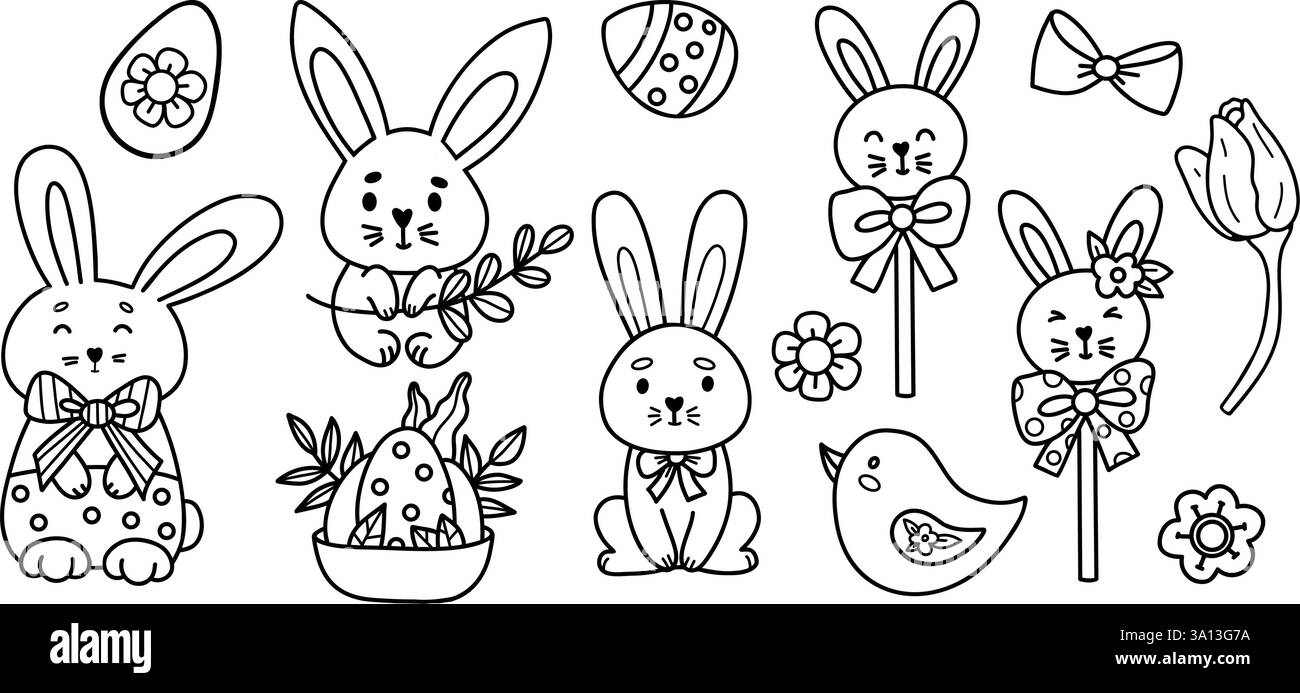 Outline Cute Easter Bunnies Doodle. Spring Holiday Paschal Collection ...