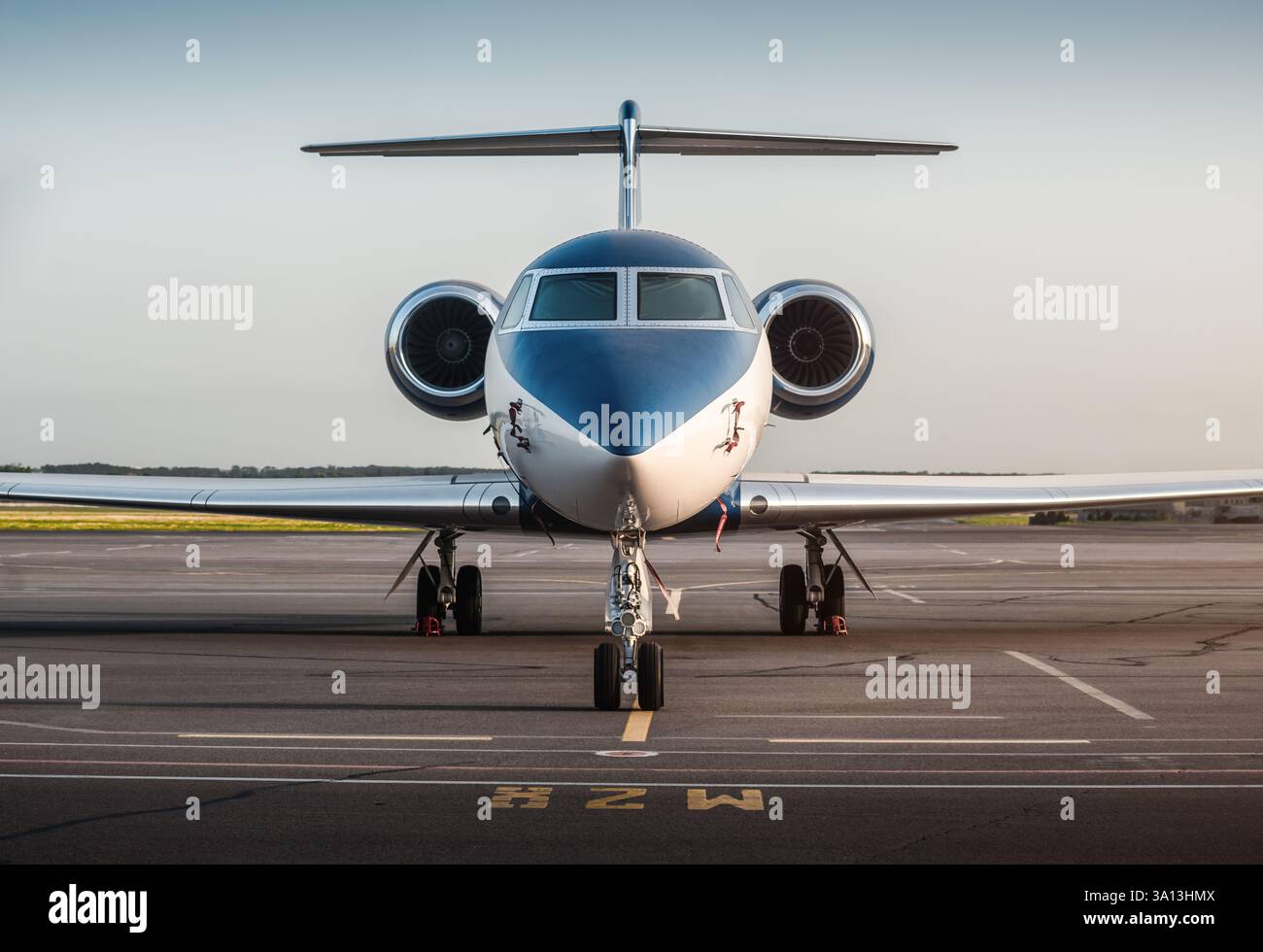 White-blue business jet facing the camera. Symmetric frontal close-up ...