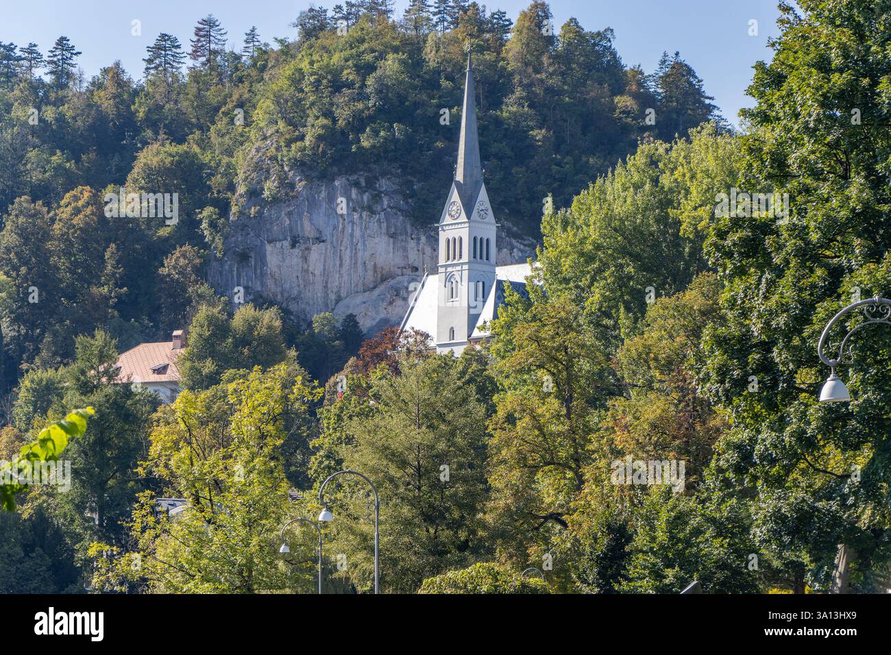 Lake Bled, Slovenia. St. Martin Church with gray-white mosaic roof ...