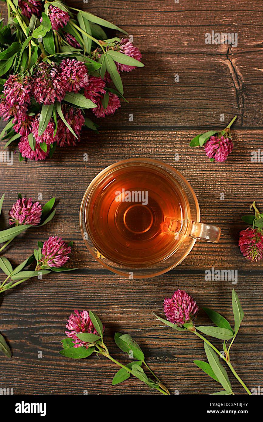 Medicinal herbal tea or infusion of red clover in a glass cup with ...