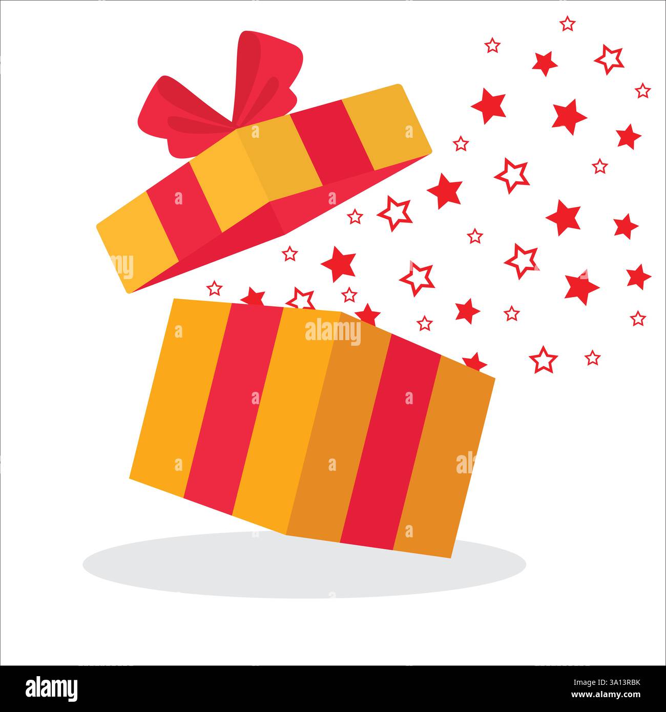 Open yellow gift box with festive explosion of stars. Special give away ...