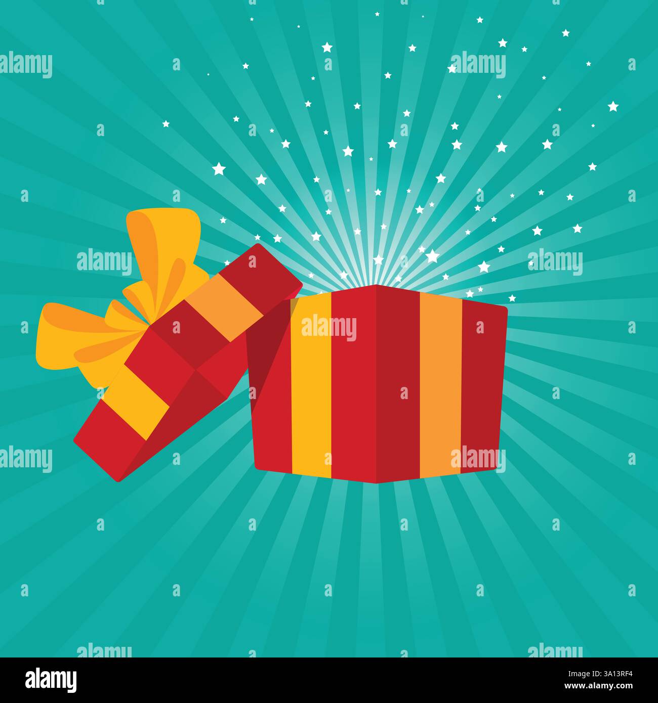 Surprise open red gift box with sunburst background, birthday ...