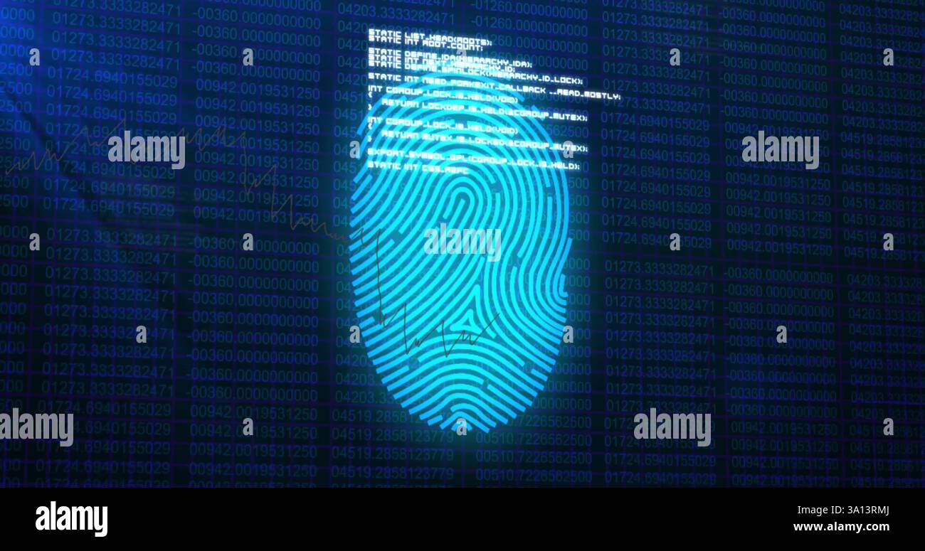 Image of fingerprint with data processing on black background Stock ...