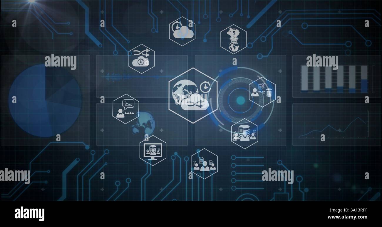 Image of media icons over diagrams and globe Stock Photo - Alamy
