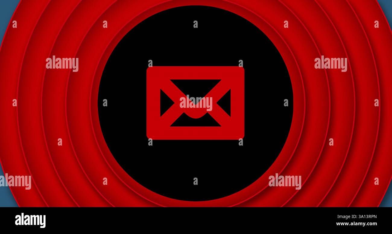 Image of red envelope icon over circuit board and red circles on black ...