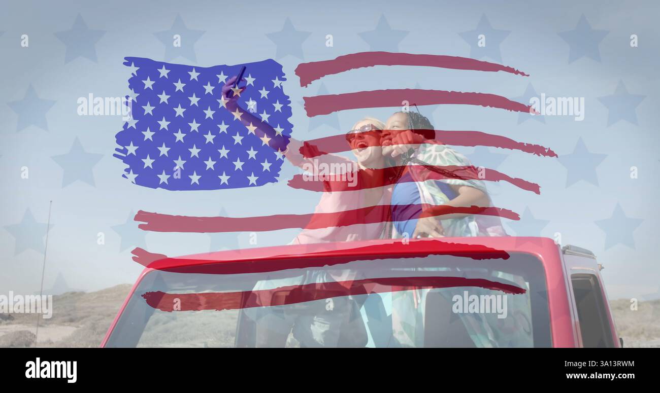 Image of flag of usa over diverse female friends taking selfie Stock ...