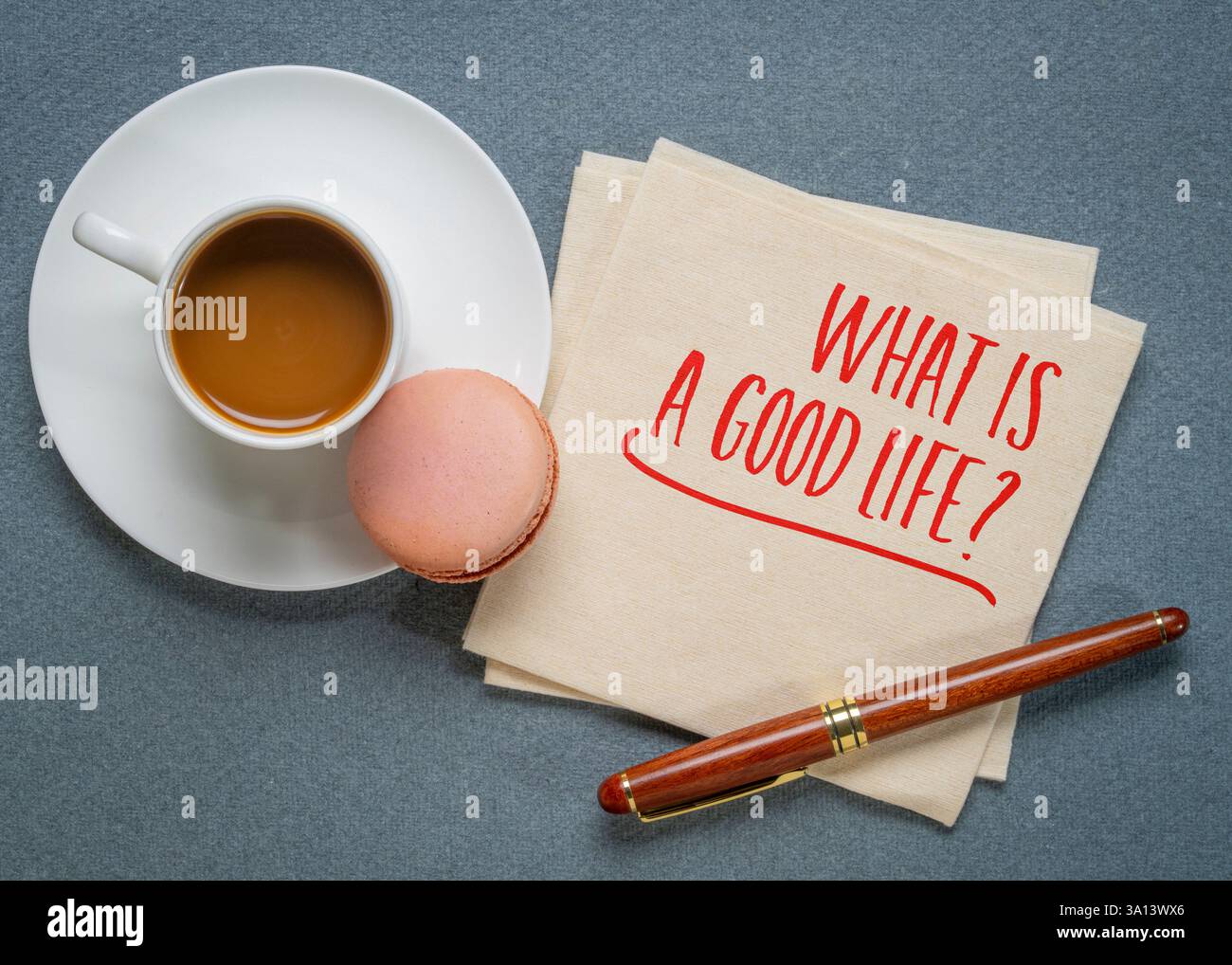 What is a good life? Inspirational question on napkin with coffee ...