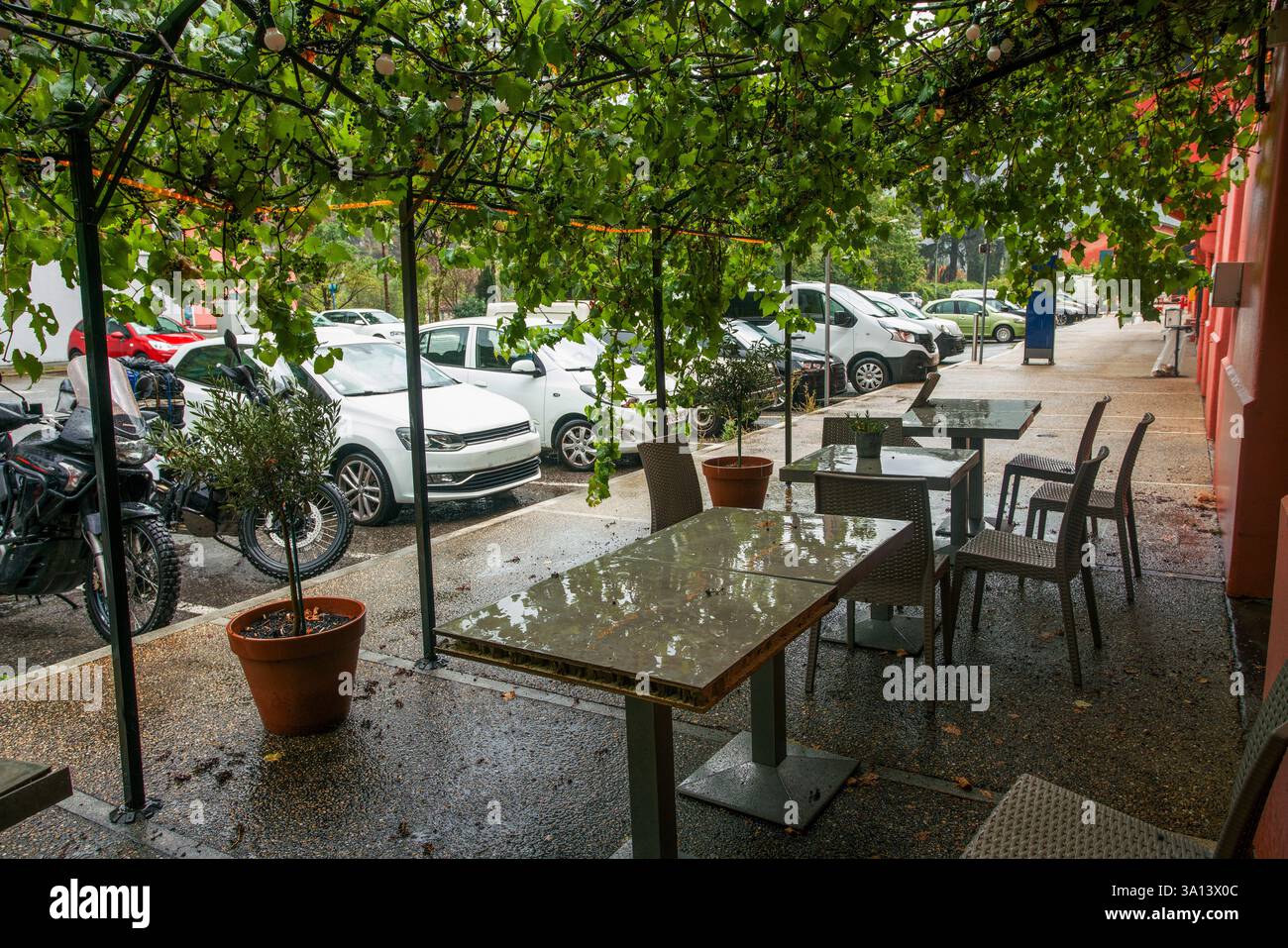 Oudoors part of cafe (under grape plants) in Mountains of French Alps ...