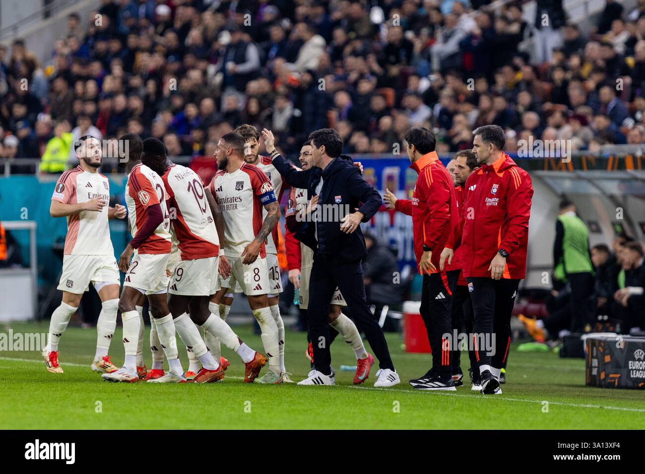 Lyon squad celebrating with Lyon Manager, Paulo Fonseca, after their ...