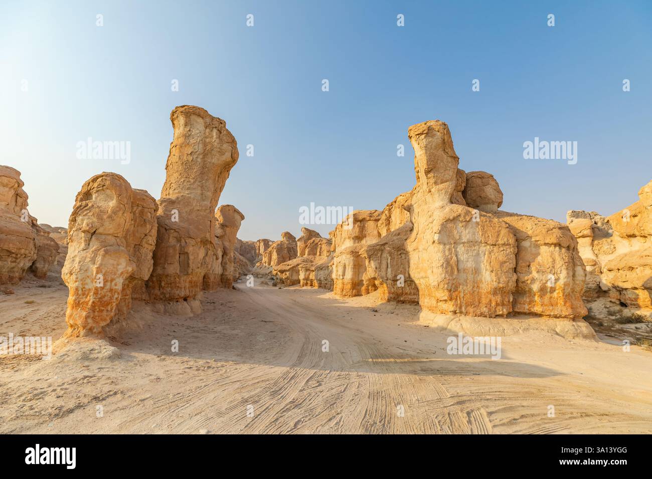 Wind-sculpted sandstone formations rise from the desert floor in Jabal ...