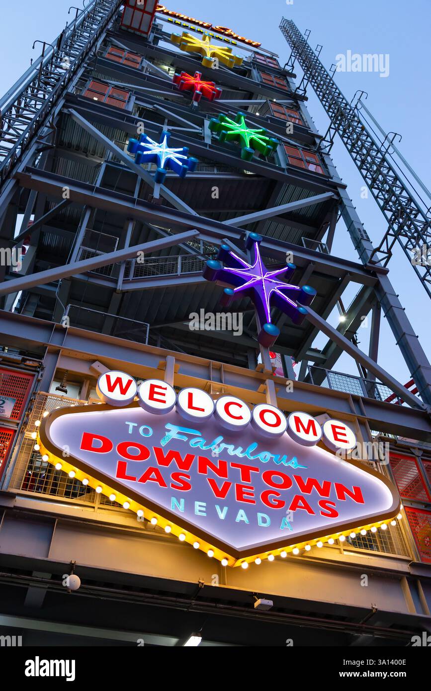 Lighted Welcome to Downtown Las Vegas sign at Fremont Street in Las ...