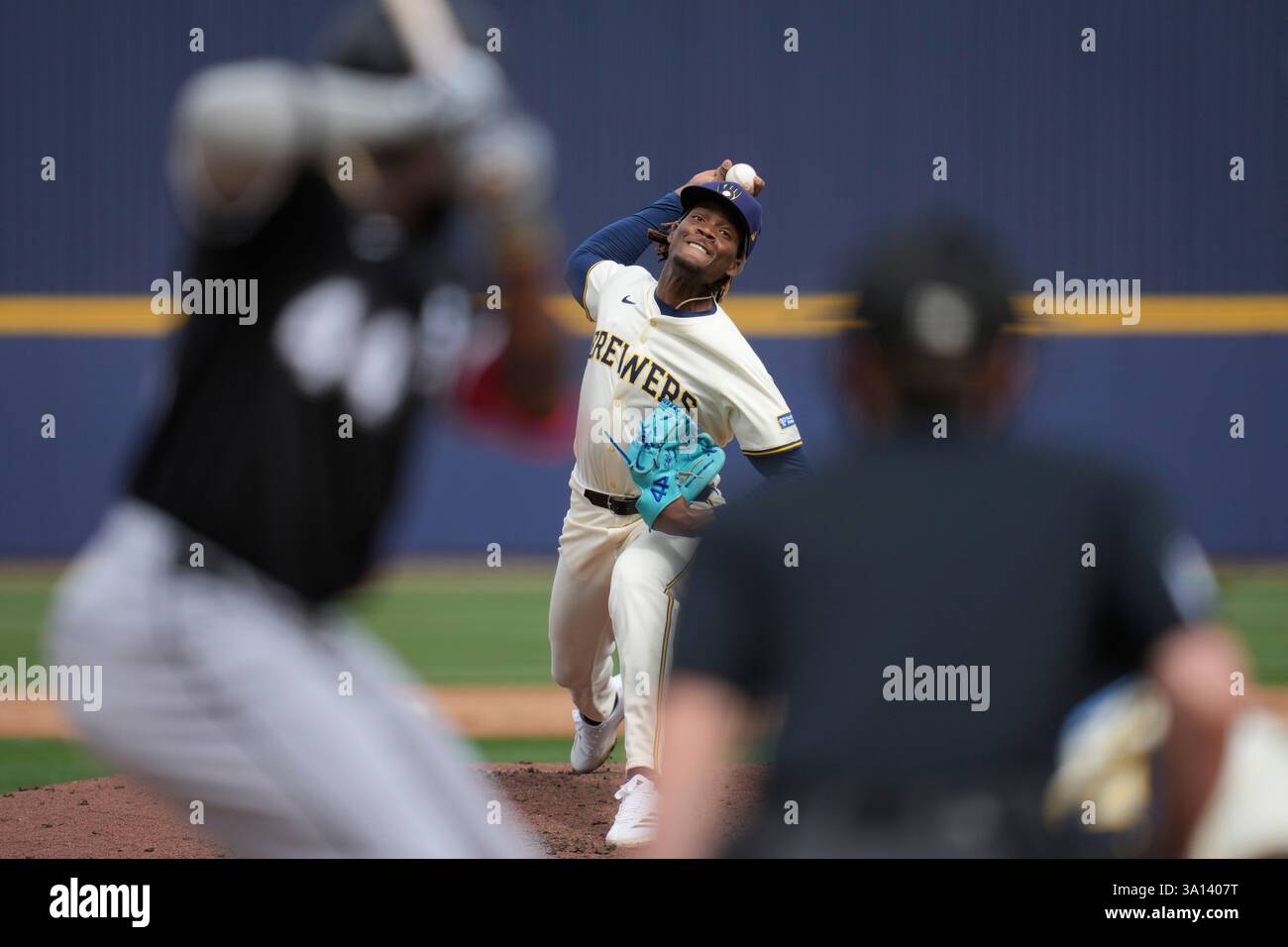 Milwaukee Brewers pitcher Abner Uribe throws against the Chicago White ...