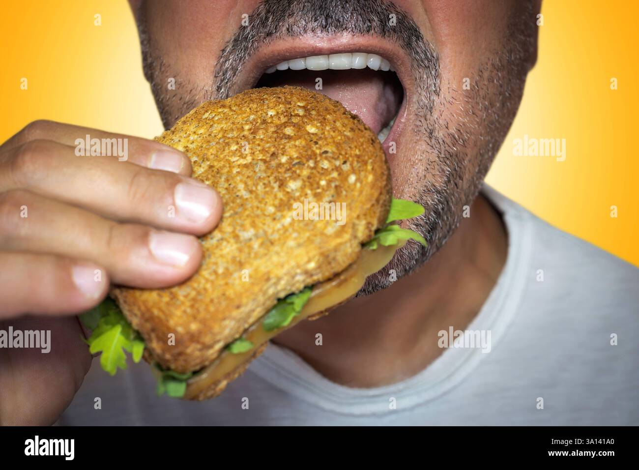Close up of mouth eating. Close-up of a hungry man biting into a cheese ...
