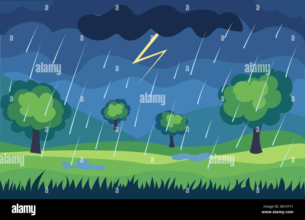 Vector illustration depicting a stormy landscape with rain and ...