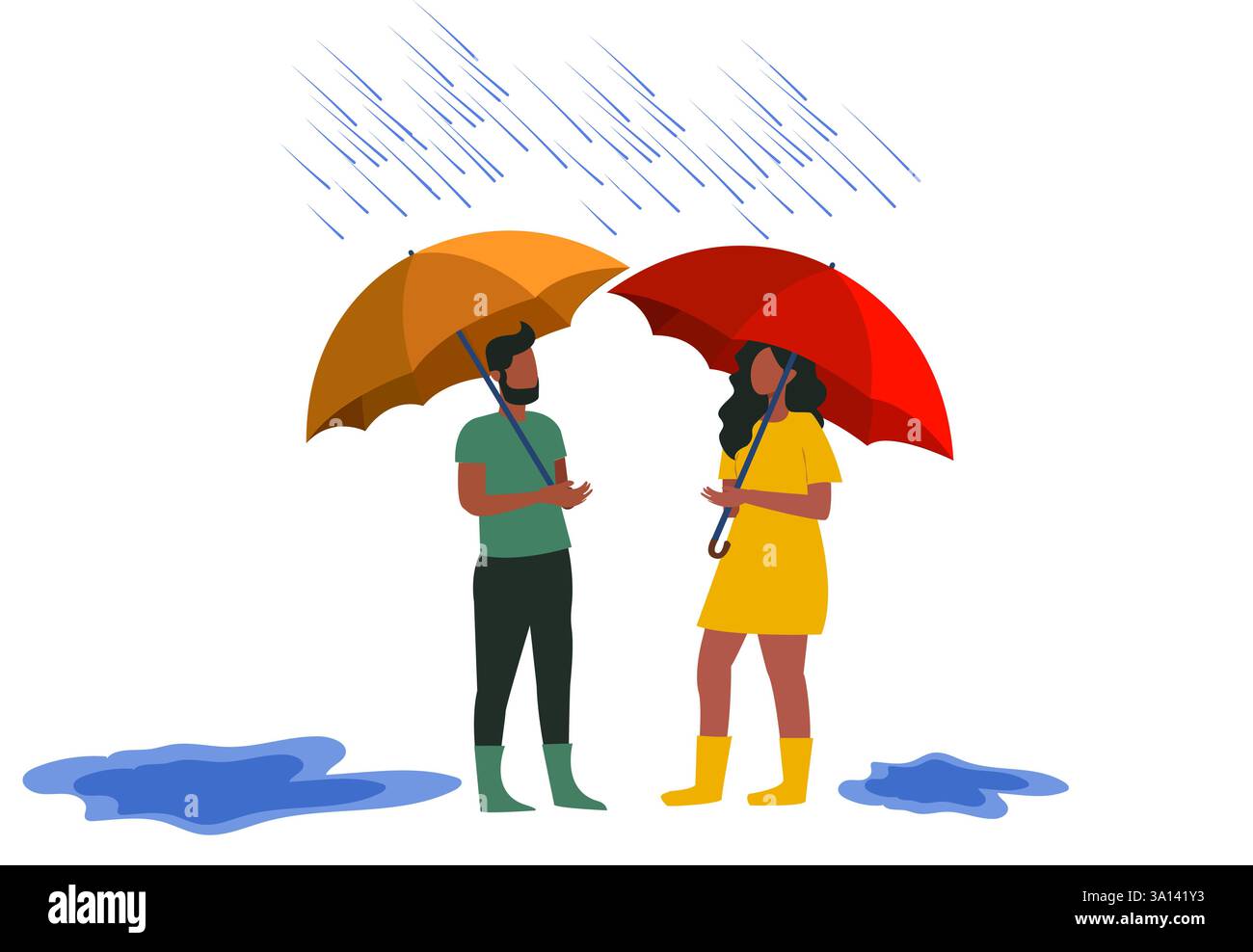 Couple under umbrellas in the rain enjoying a conversation at an ...