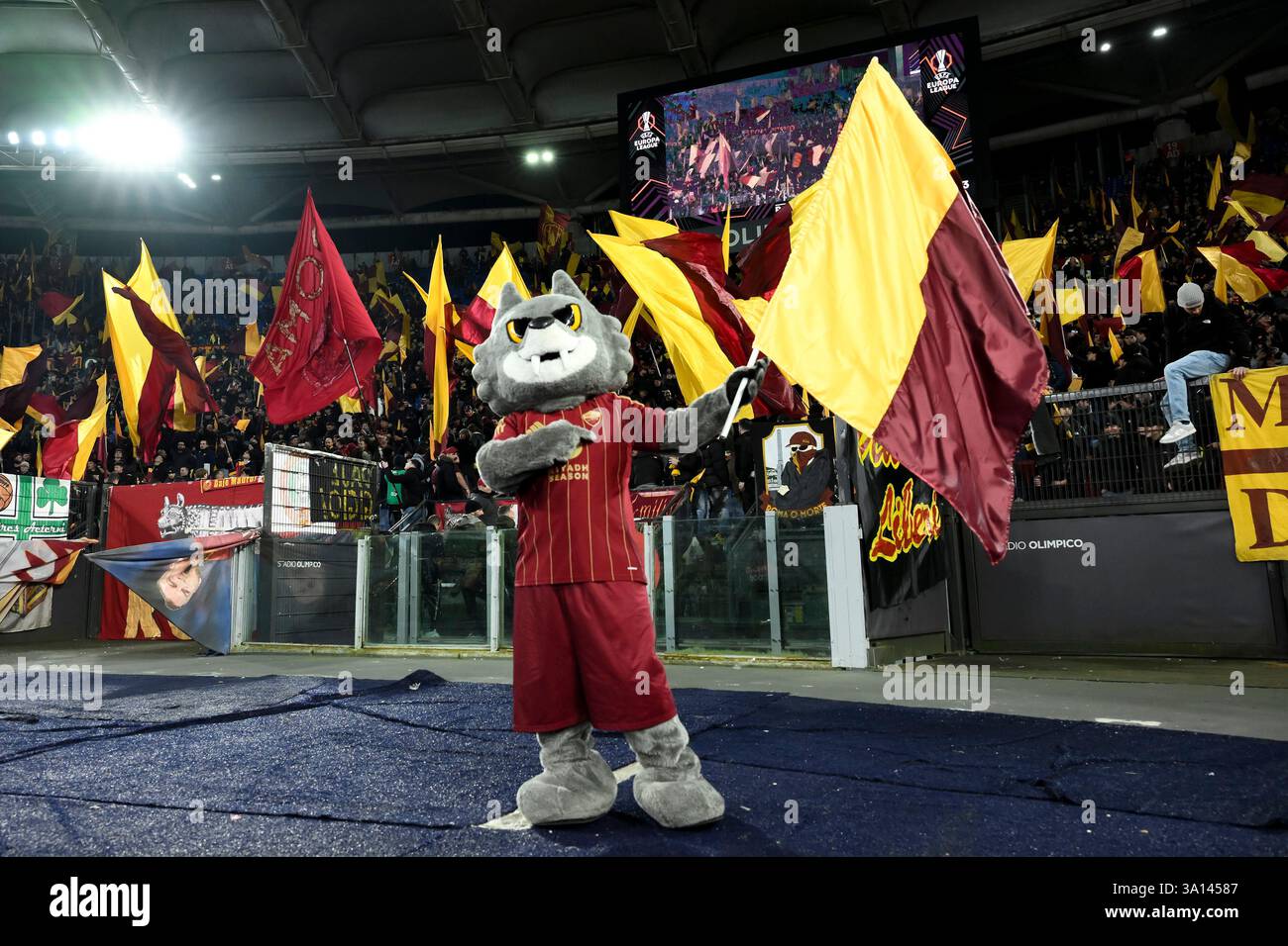 AS Roma mascot Romolo waves a flag as Roma fans cheer on during the ...