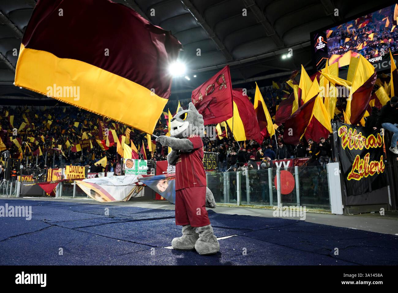 Rome, Italy. 06th Mar, 2025. AS Roma mascot Romolo waves a flag as Roma ...