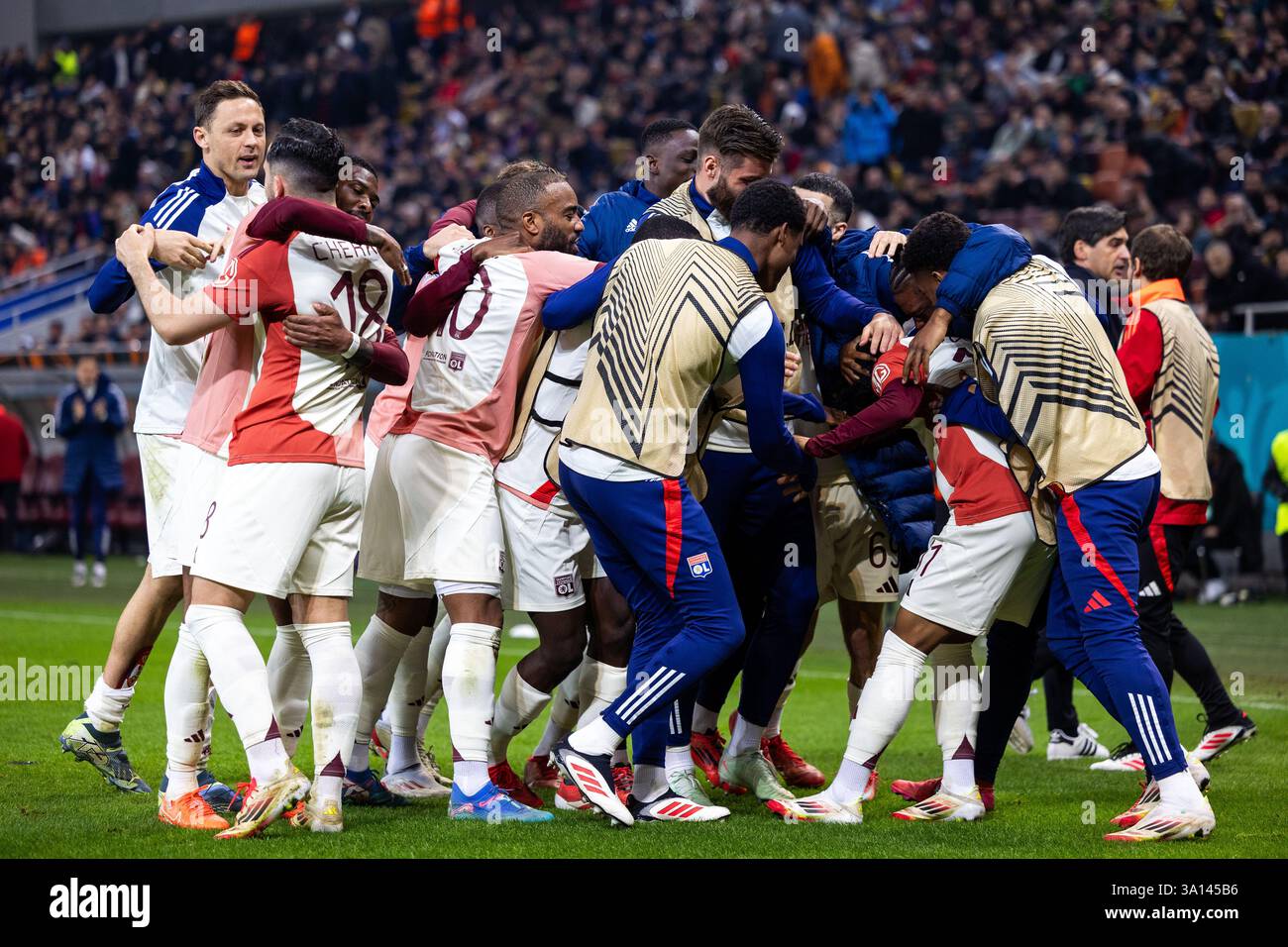 Lyon squad celebrate scoring their second goal during the UEFA Europa ...