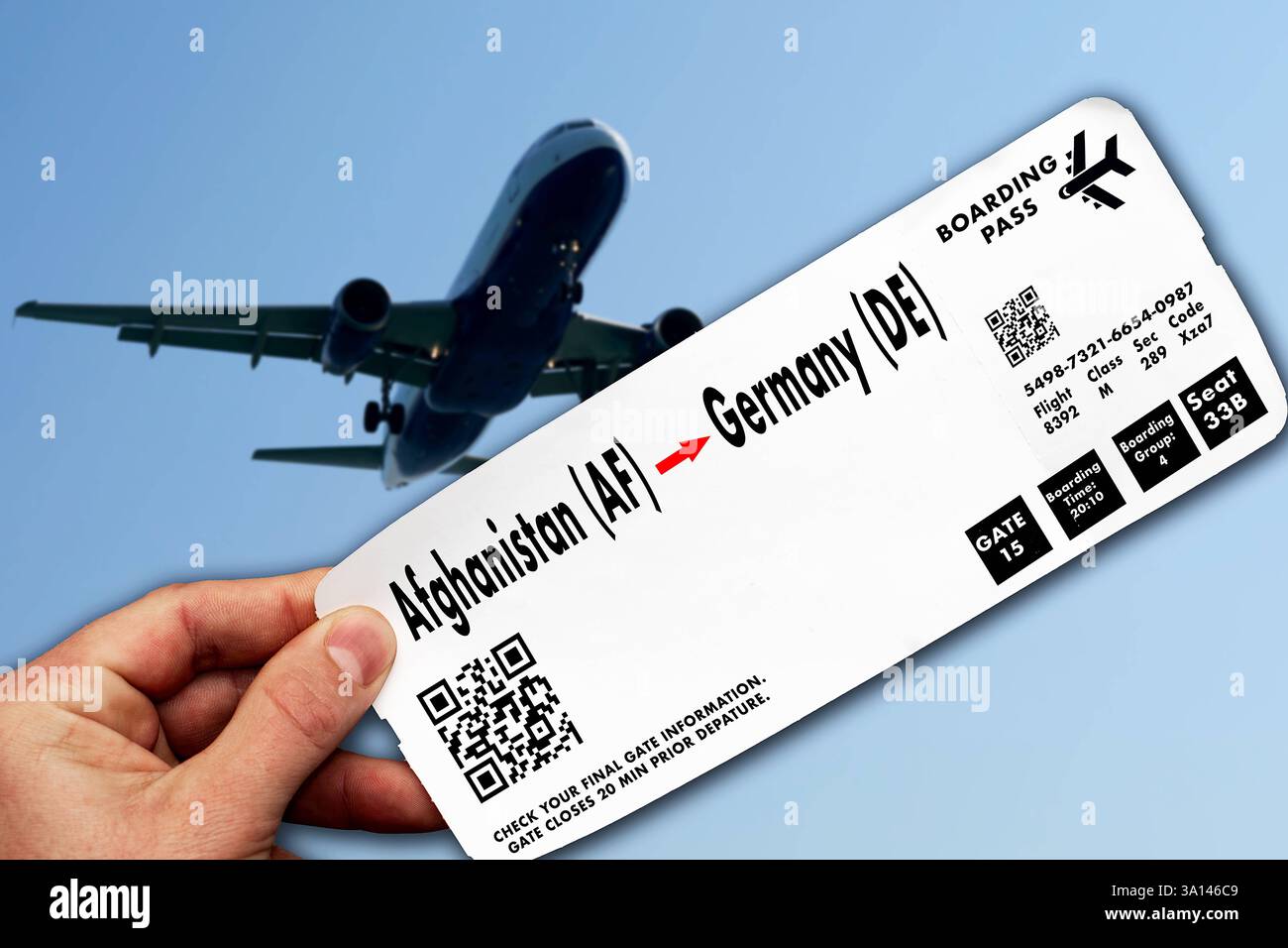 Bavaria, Germany - March 6, 2025: PHOTOMONTAGE, a plane ticket with the ...