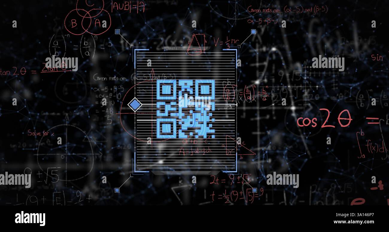 Image of mathematical equations over scanner with qr code on black ...