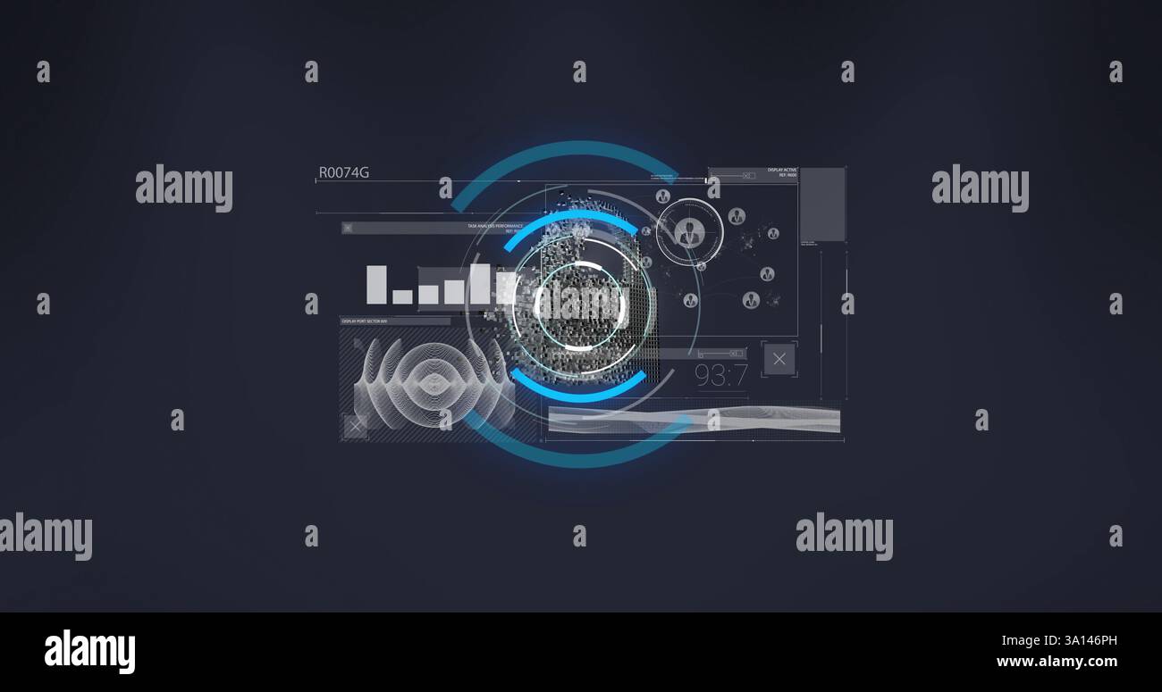 Image of circular scanner and charts processing data on black ...