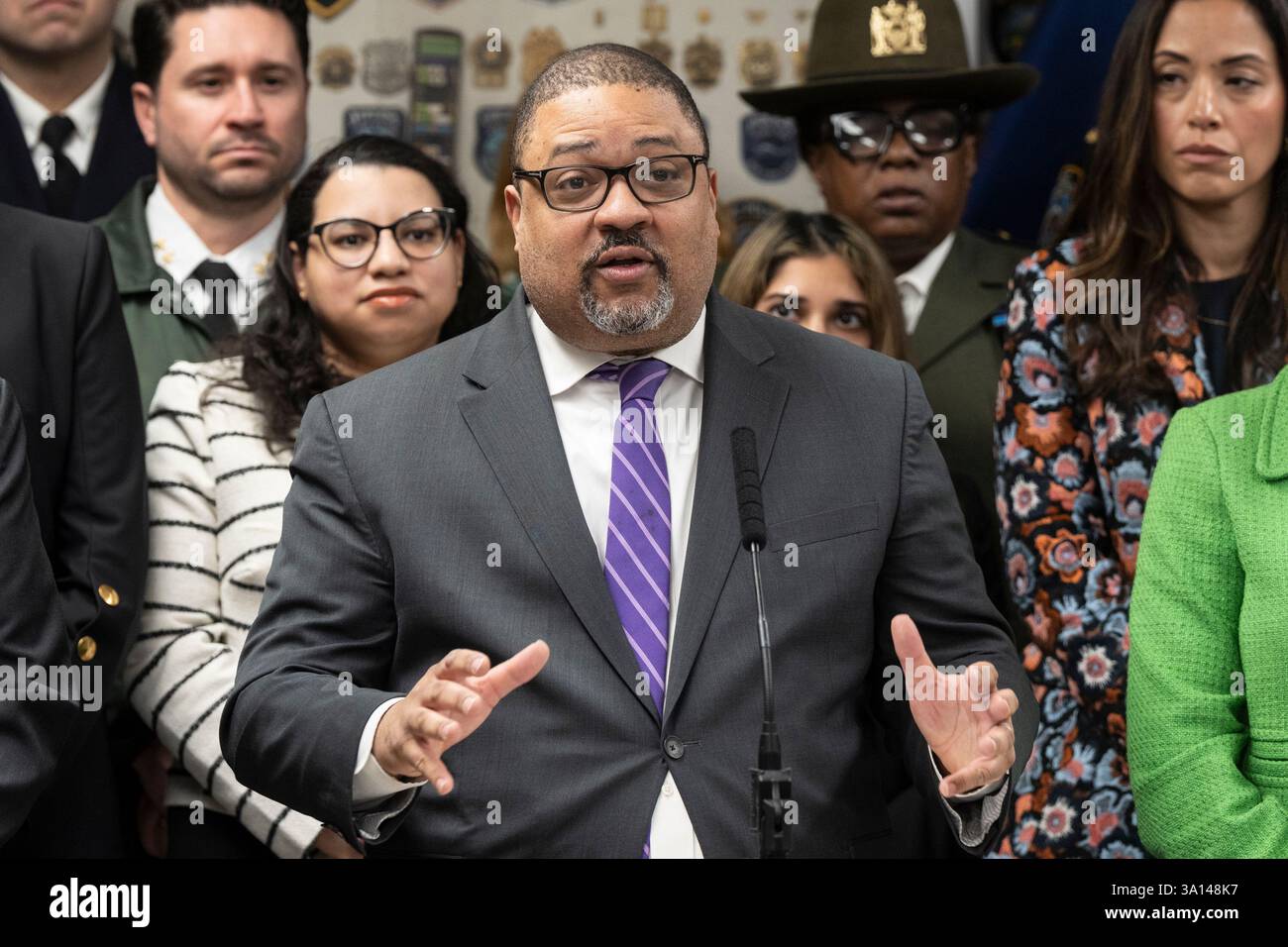 District Attorney Alvin Bragg speaks at Mayor Eric Adams announcement at NYPD 6th Precinct in ...