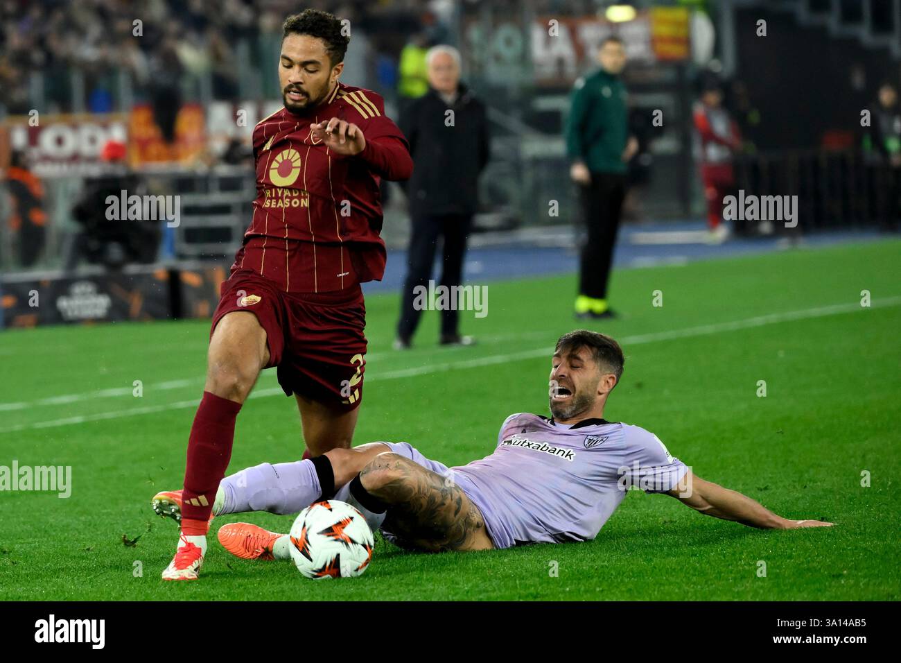 Devyne Rensch of AS Roma and Yeray Alvarez of Athletic Club Bilbao ...