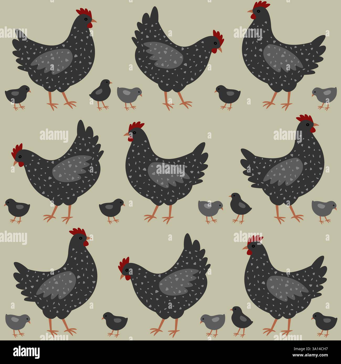 Seamless pattern with speckled feathered chicken, mother hens and baby ...