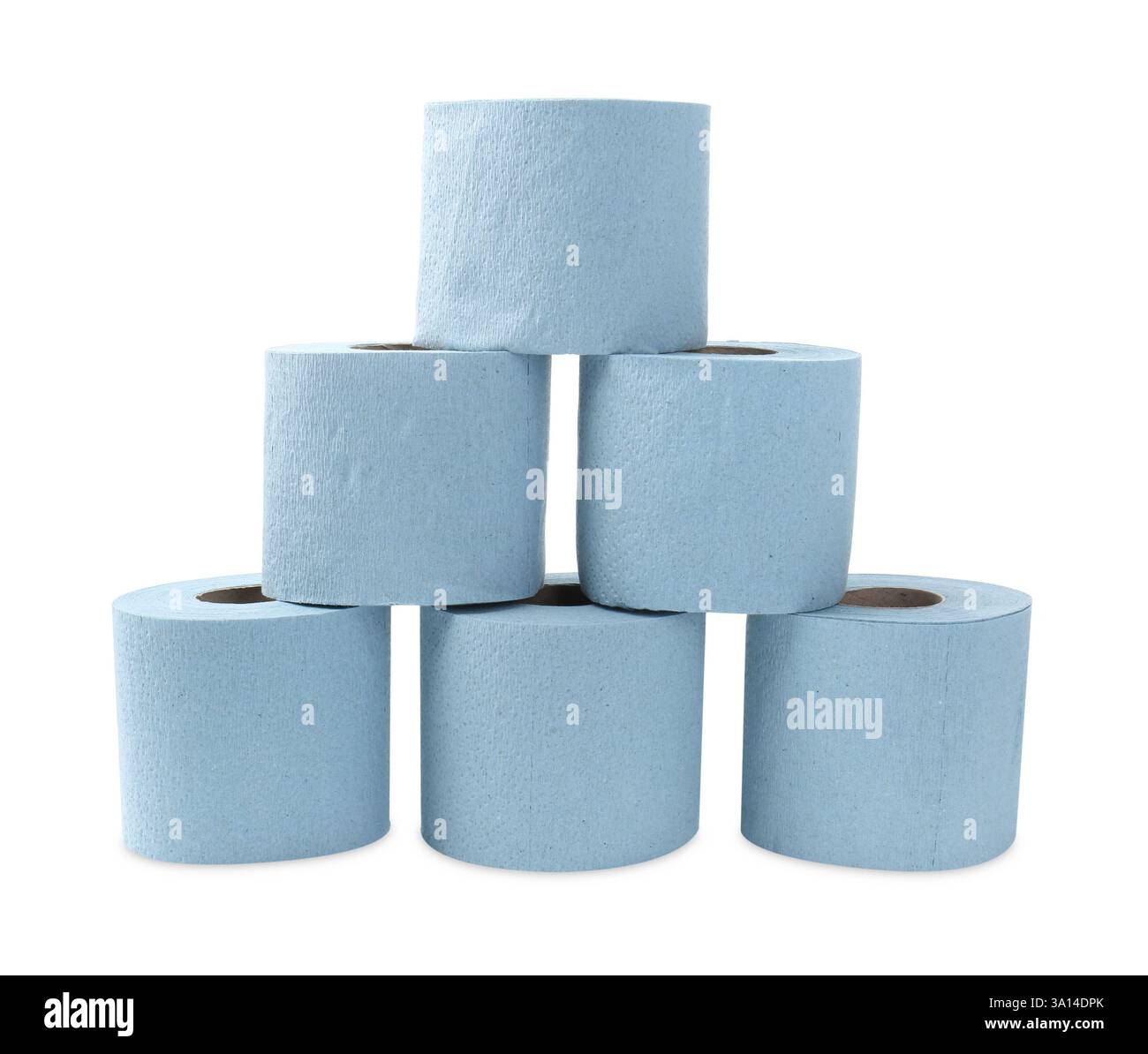 Stacked light blue toilet paper rolls isolated on white Stock Photo - Alamy