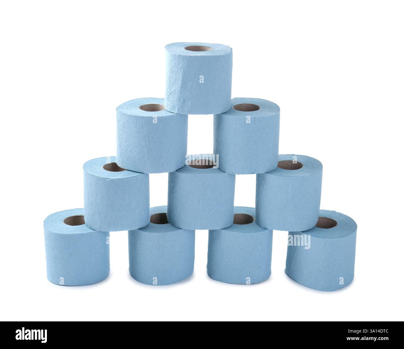 Stacked light blue toilet paper rolls isolated on white Stock Photo - Alamy