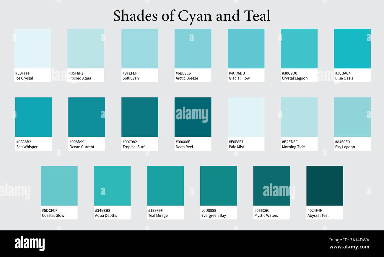 Color Palettes 20 Shades of Cyan and Teal - Turquoise, Aqua, Deep and ...