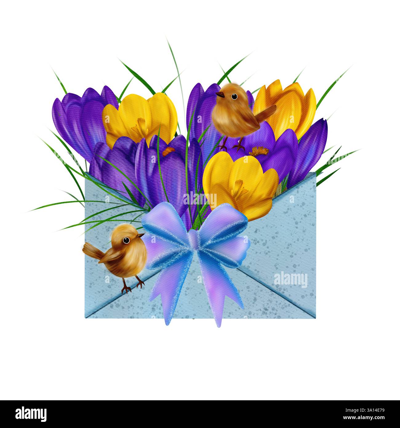 Violet and yellow crocuses in an envelope with birds and bow ...