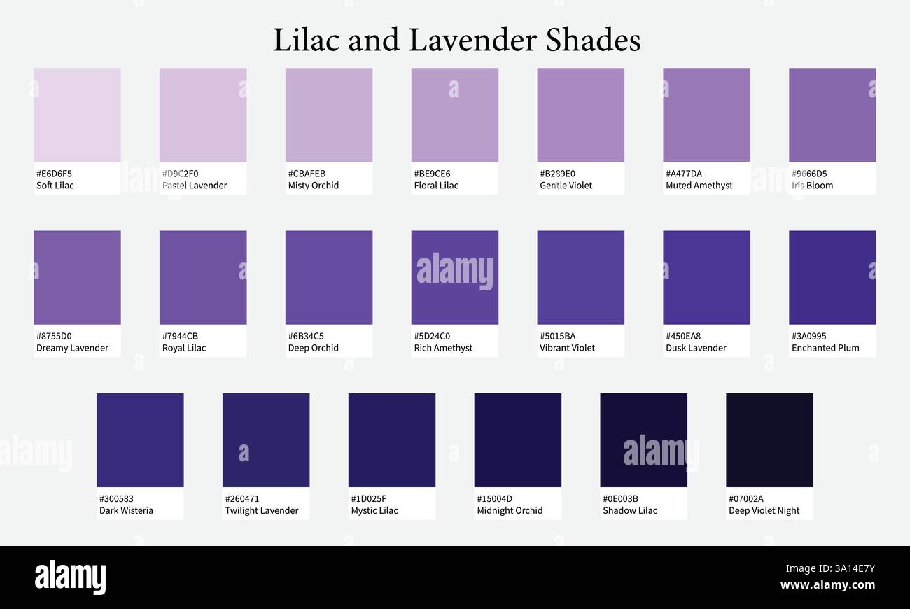 Color Palette 20 Shades of Lilac and Lavender - Amethyst, Violet, Soft ...