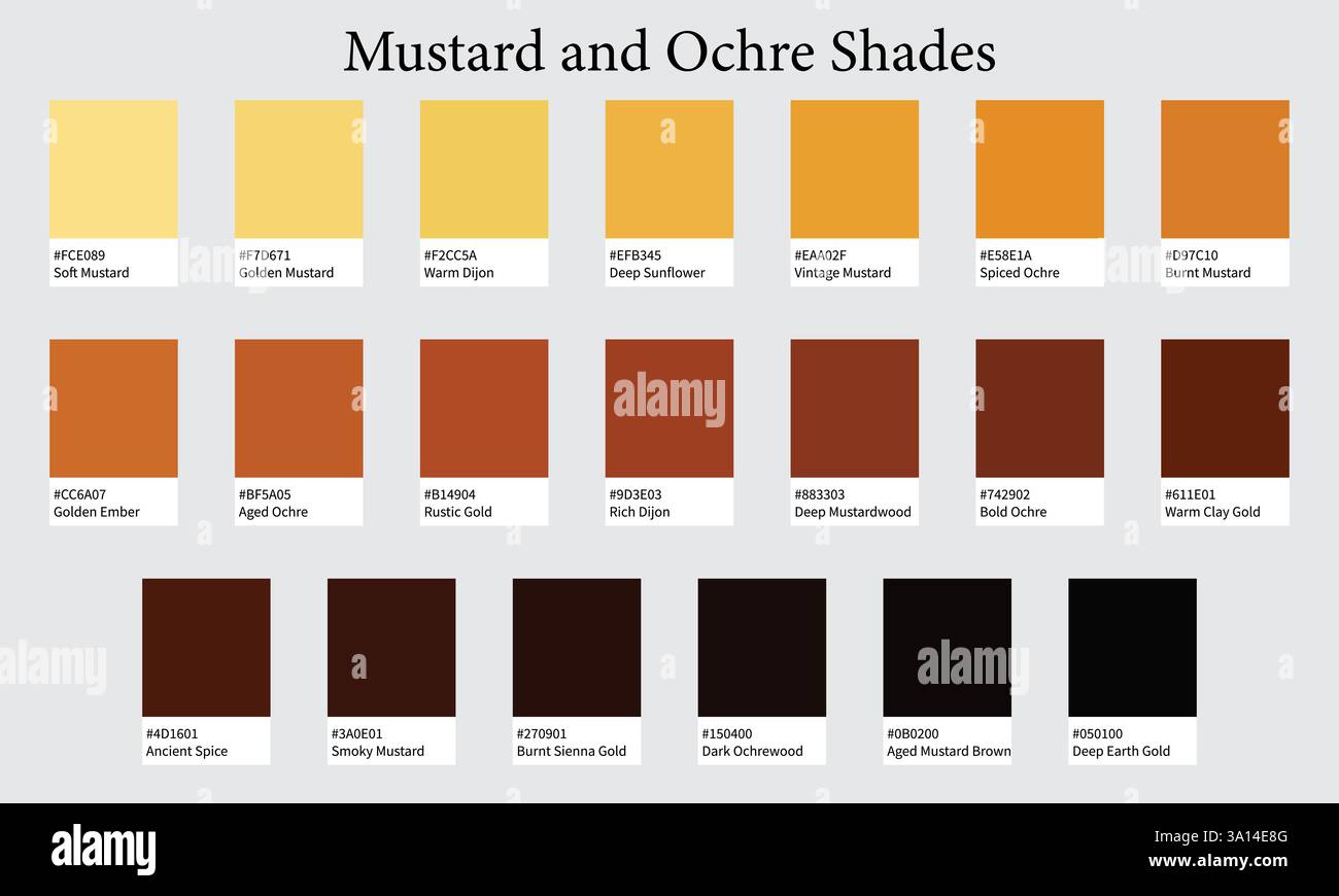Color Palette 20 Shades of Mustard and Ochre - Dark Yellow, Earthy ...