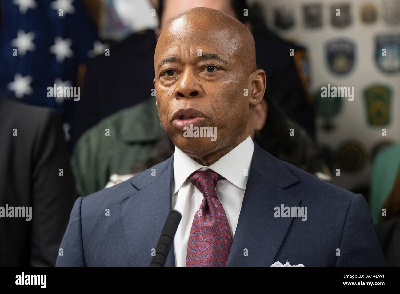 Mayor Eric Adams speaks at NYPD 6th Precinct in New York as he ...