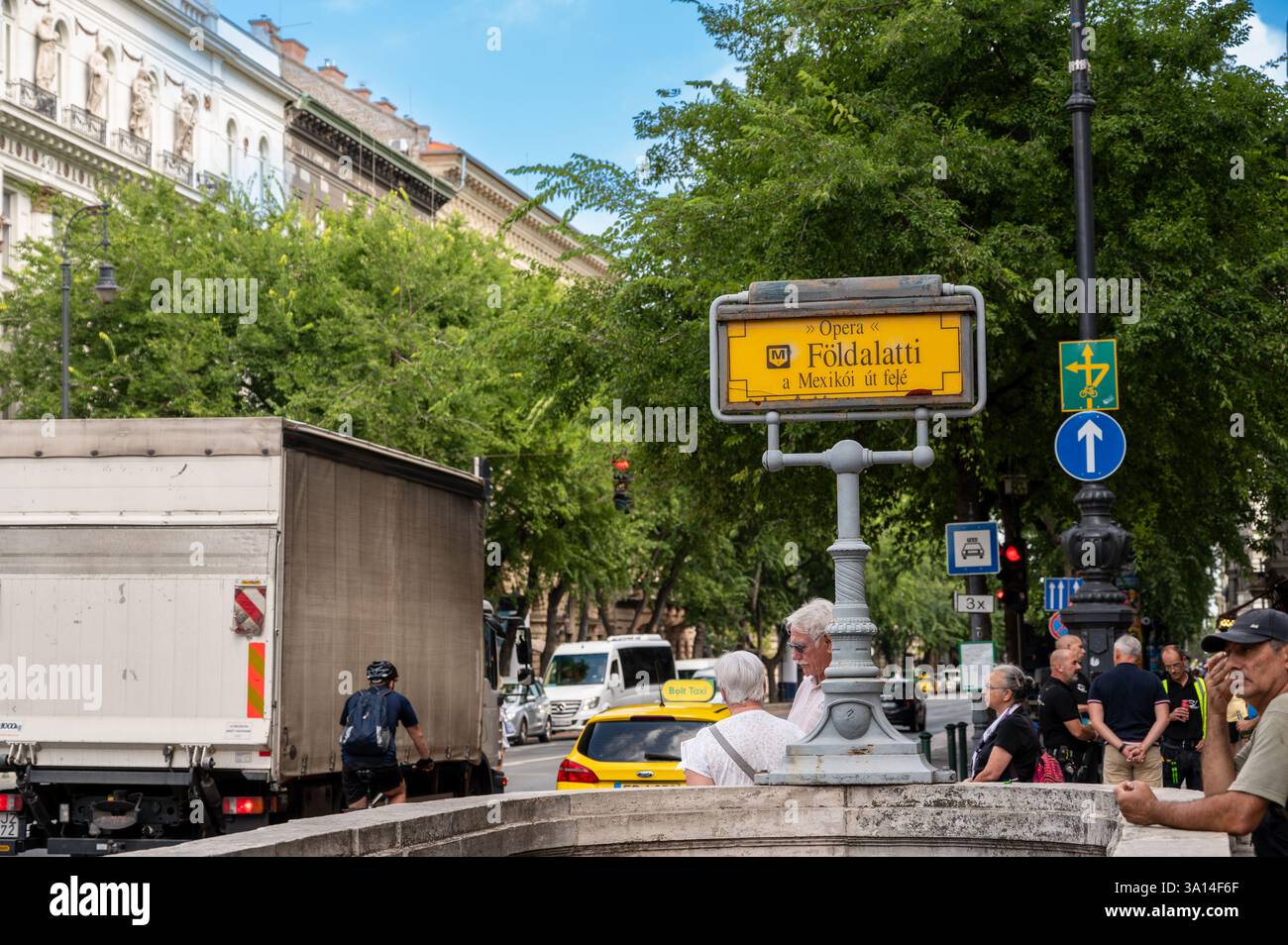 Budapest, Hungary, August 30, 2022. The yellow sign of the M1 metro ...