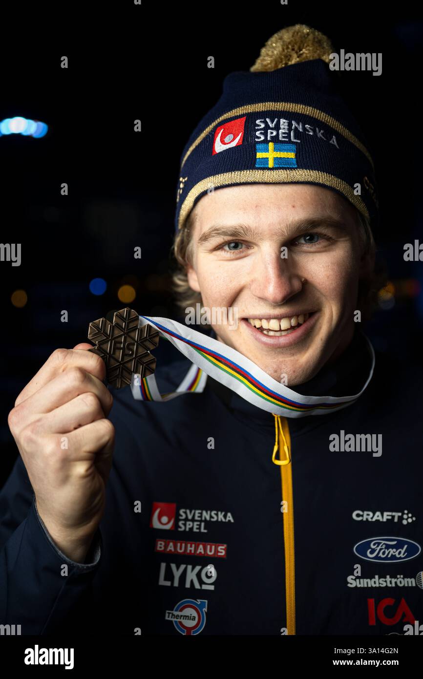 250306 Edvin Anger of Sweden poses for a portrait with his bronze medal ...