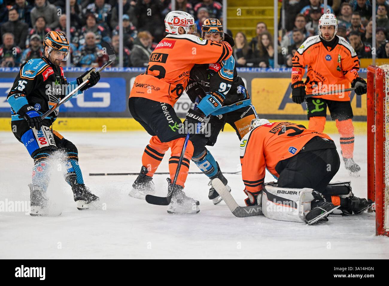 LINZ, AUSTRIA -MARCH 6: Marcel Witting of Steinbach Black Wings Linz, Marcus Vela of Graz 99ers ...